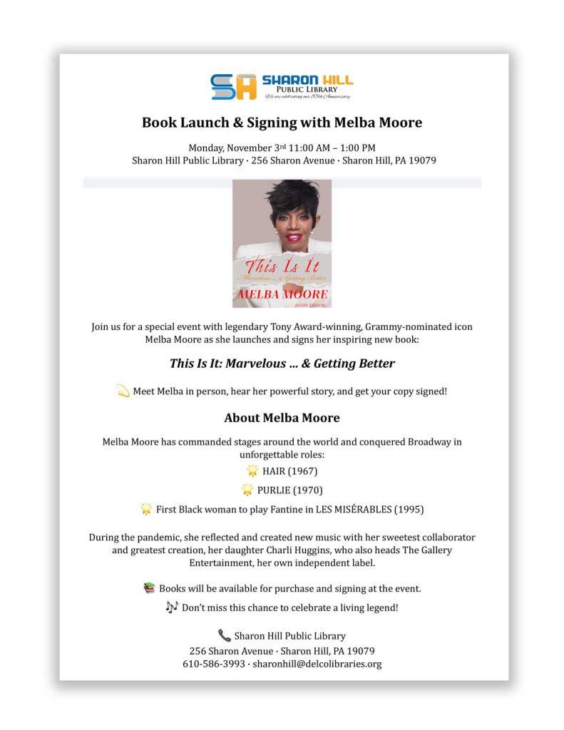 Book Signing with Melba Moore at Sharon Hill Library - Monday, November ...