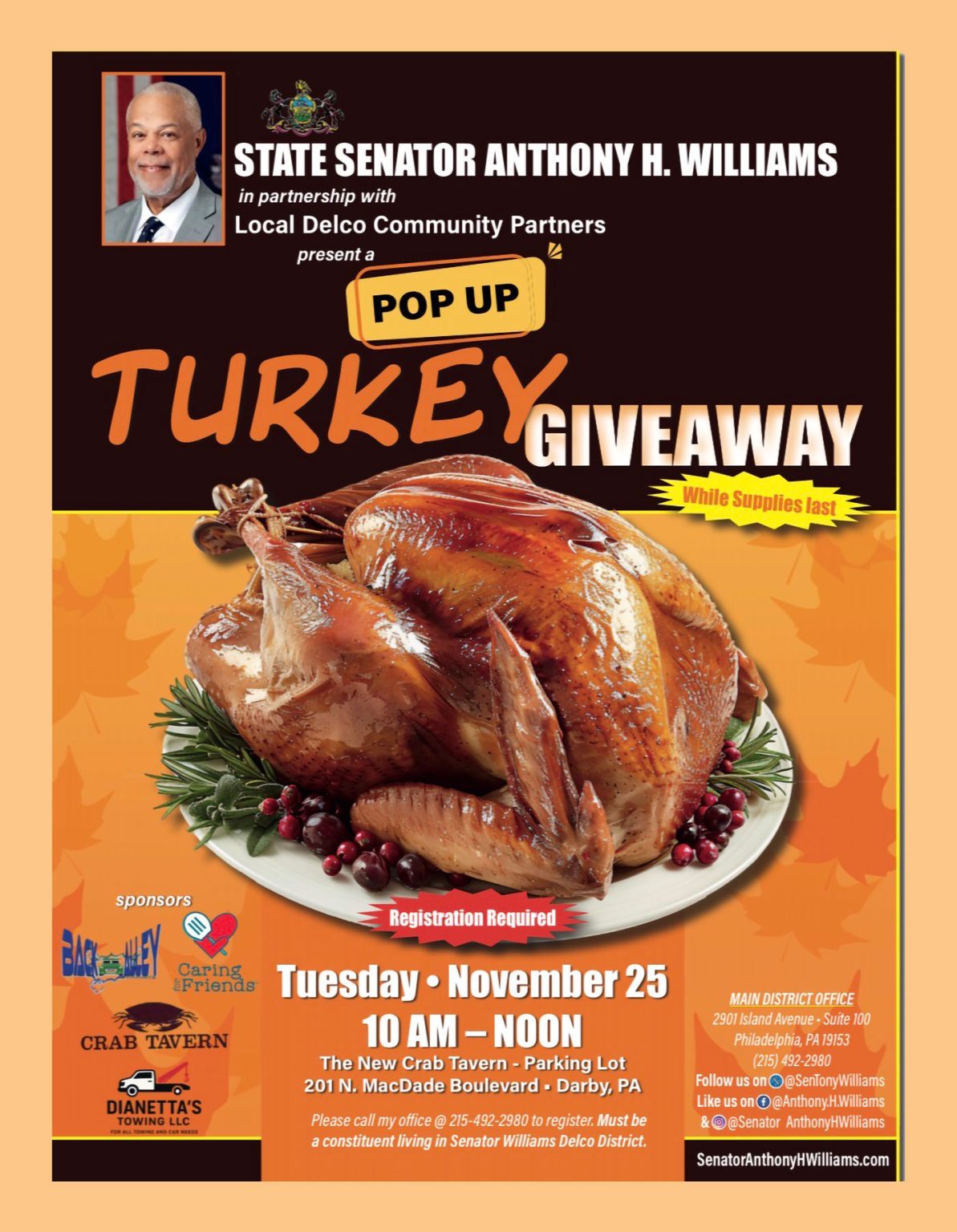 Register for Senator Williams' Pop-Up Turkey Giveaway on Tuesday ...